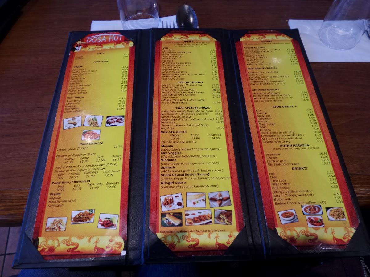 Menu at Dosa Hut restaurant, Vancouver, Fraser St
