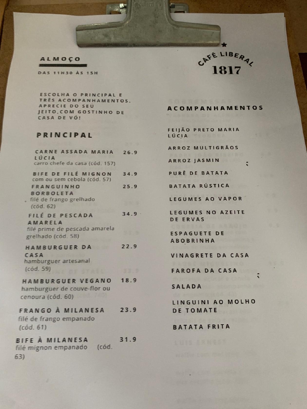 Menu em Café Liberal 1817, Recife