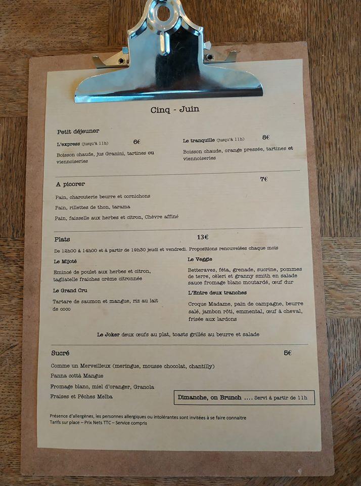 Menu at Cinq restaurant, Clamart