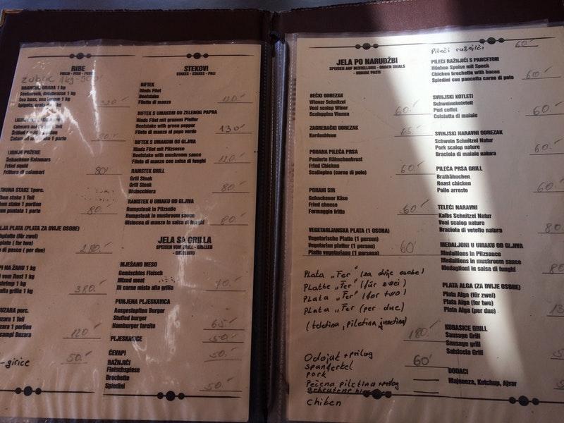 Menu at Fer restaurant, Sveti Petar na Moru