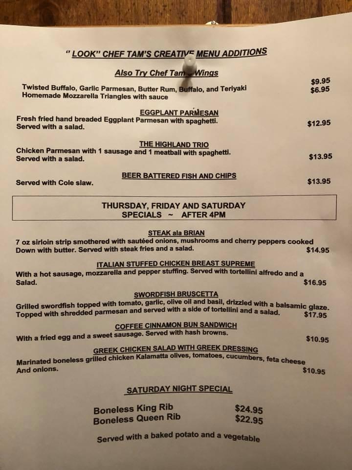 Menu at Highland restaurant, Pittsfield