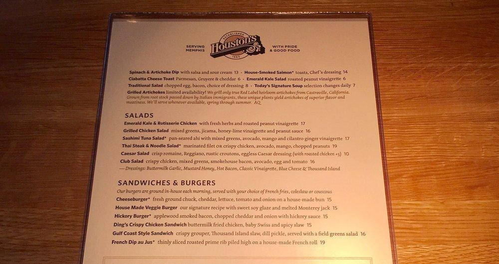 Menu at Houston's steakhouse, Memphis