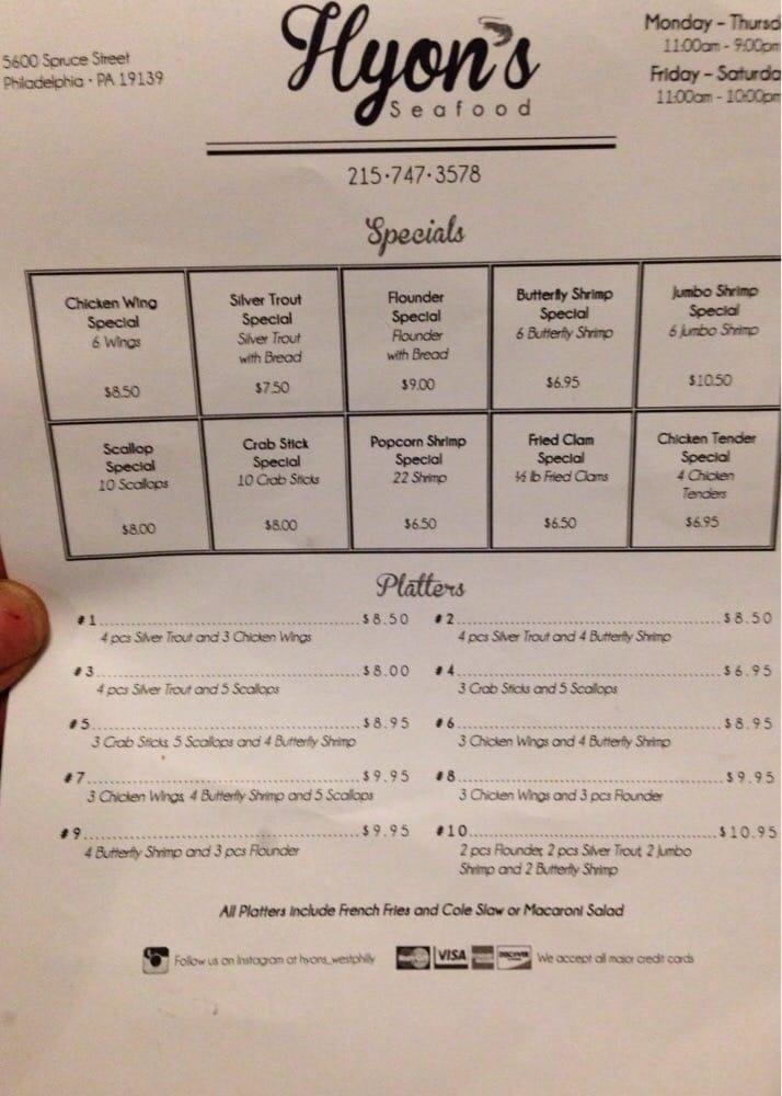 Menu at Hyons Seafood "West Philly" restaurant, Philadelphia, Spruce St