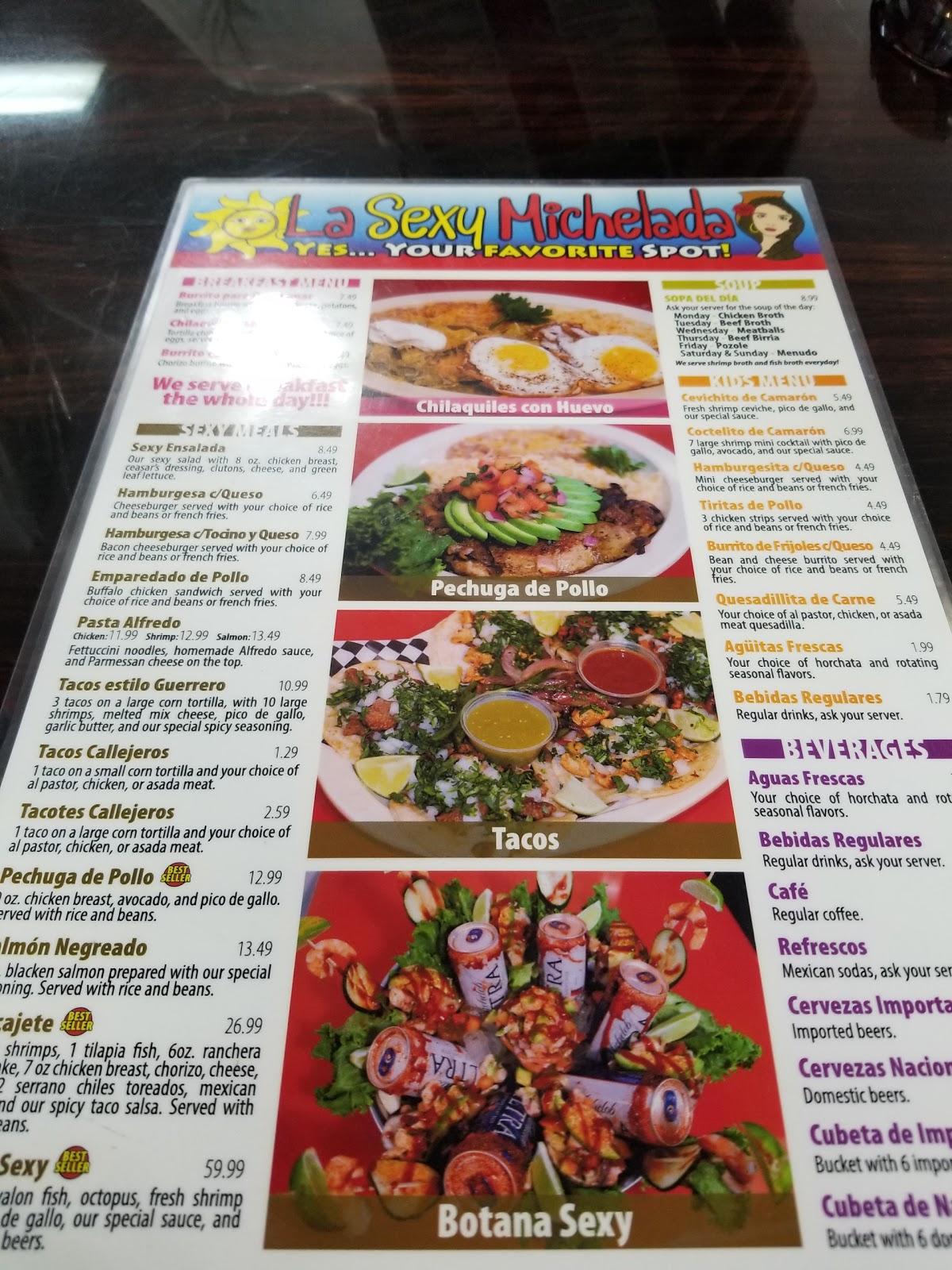 Menu at La Sexy Michelada restaurant, Fontana