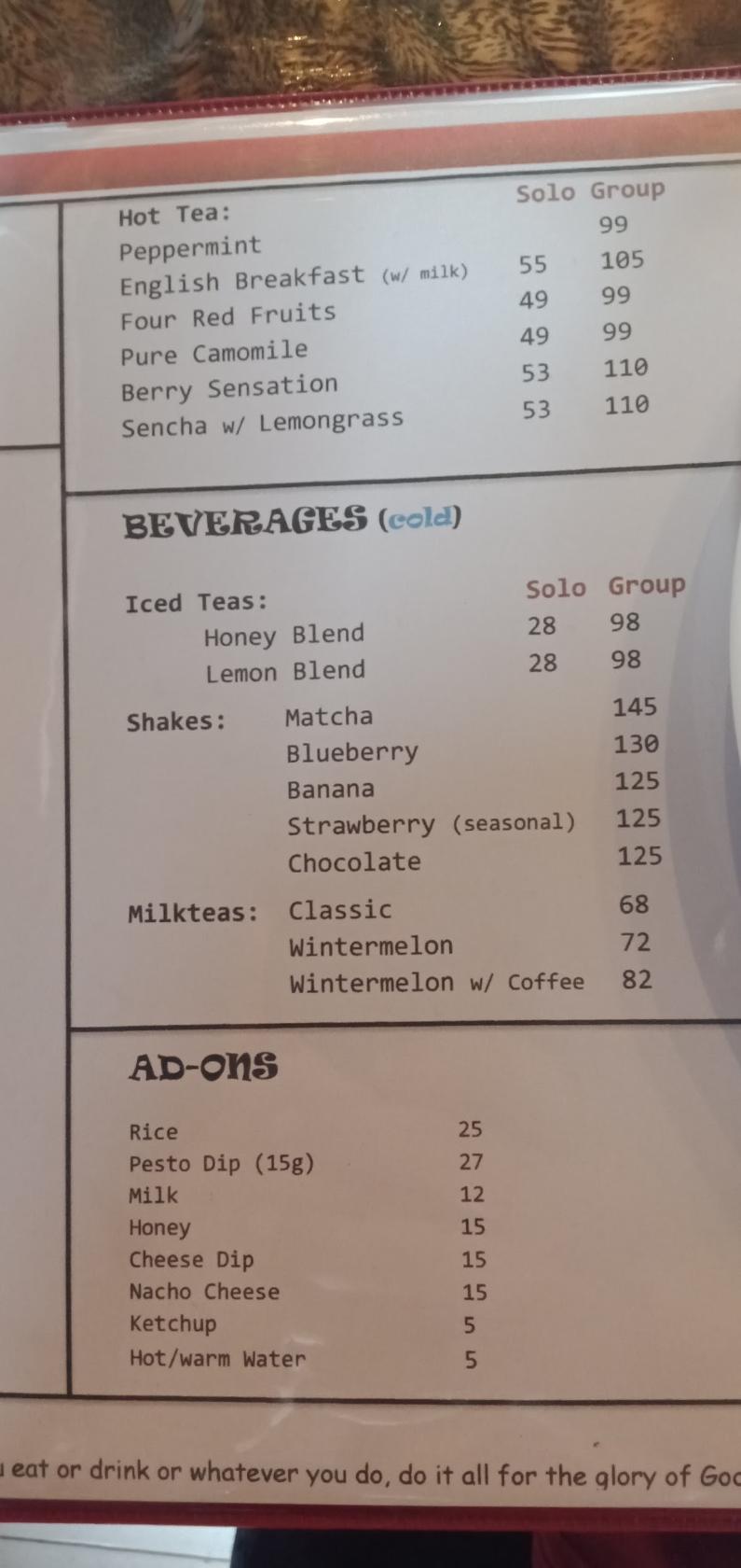 Carta de Mad cafe, La Trinidad