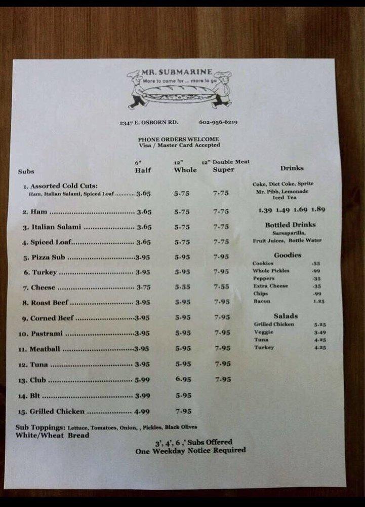Menu at Mr Submarine restaurant, Phoenix, N 24th St
