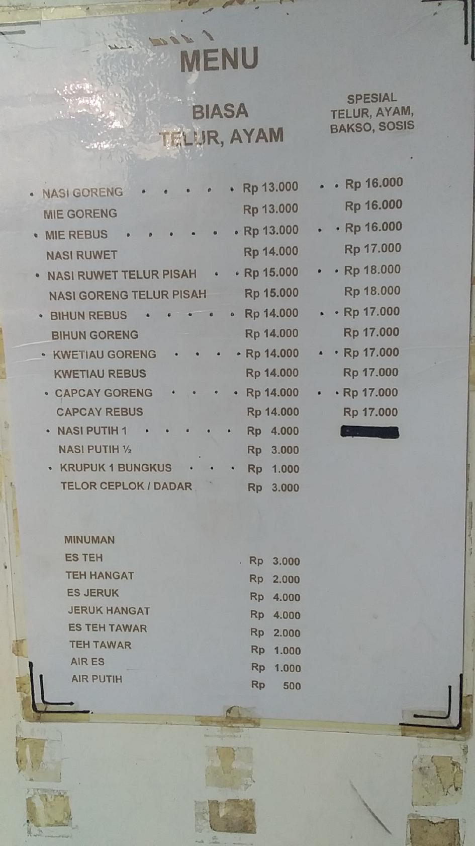 Menu at Nasi Goreng Mas Aris restaurant, Semarang, Jl. Karang Rejo Raya ...
