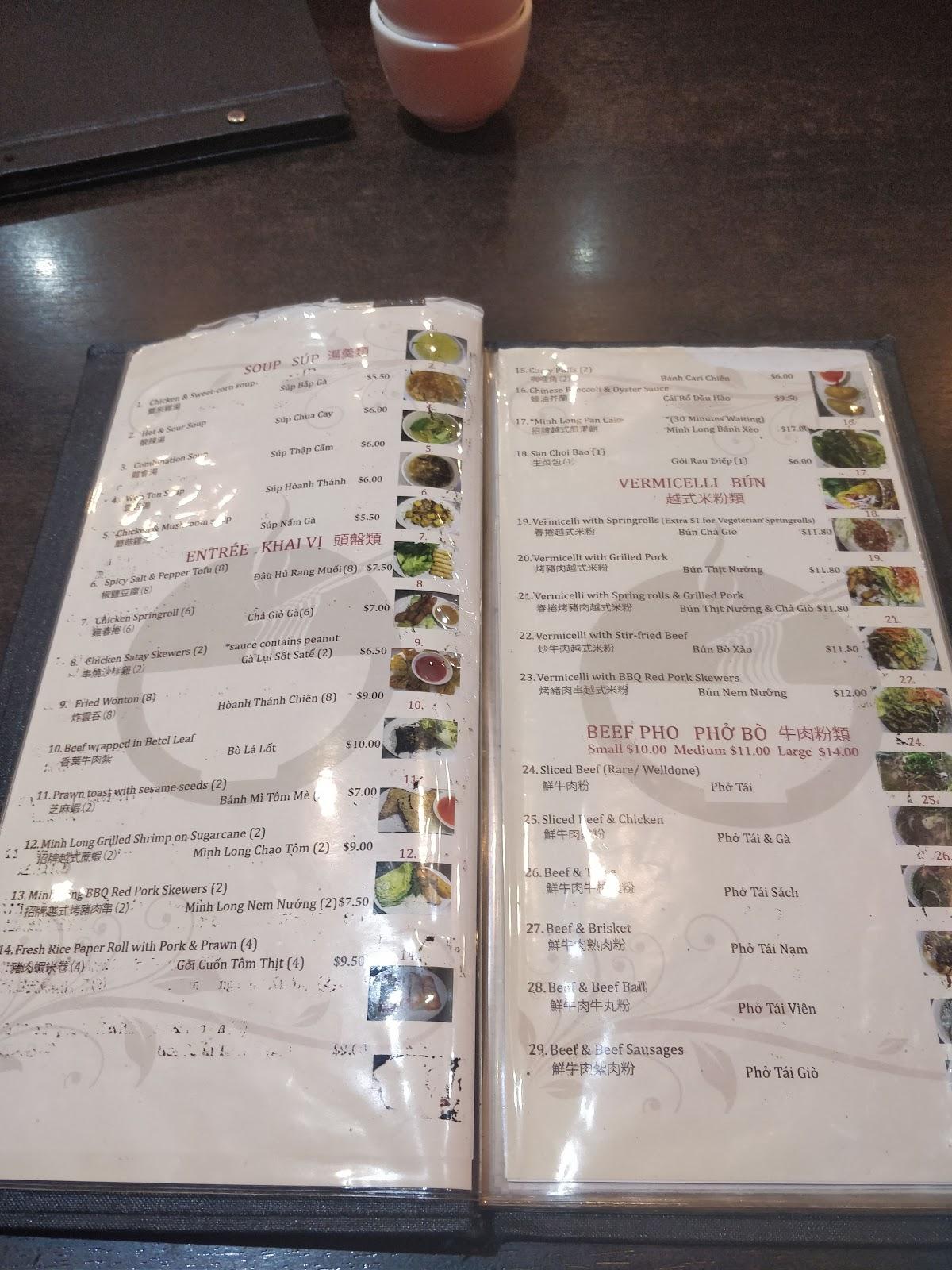 Menu at Pho Minh Long restaurant, Mitcham