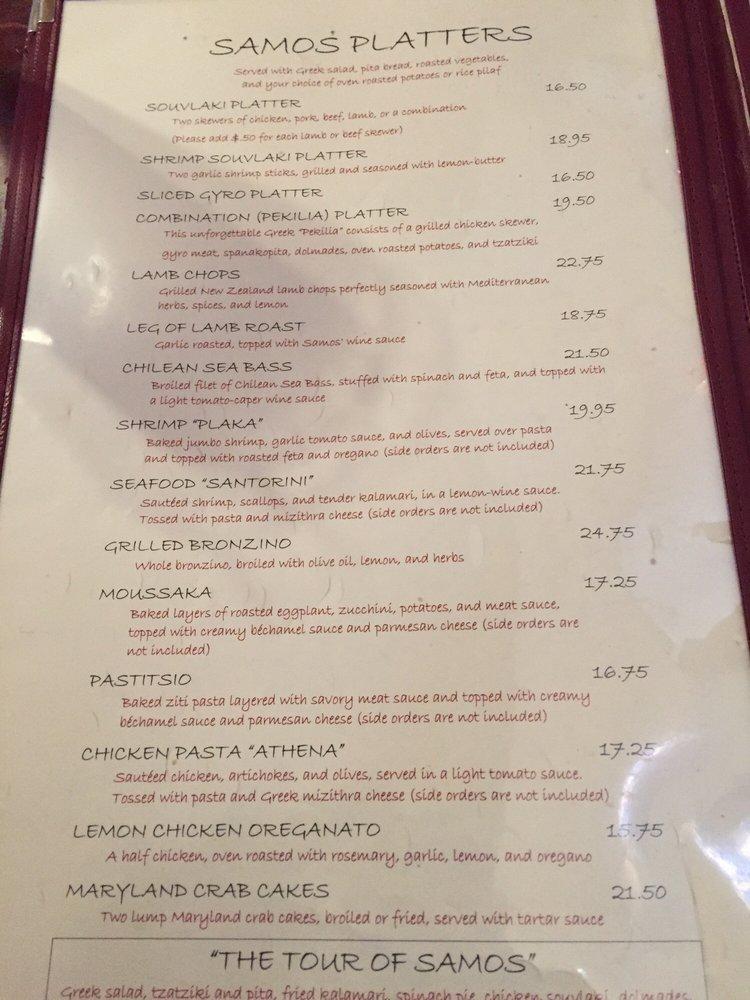 Menu at Samos Restaurant, Baltimore, 600 Oldham St