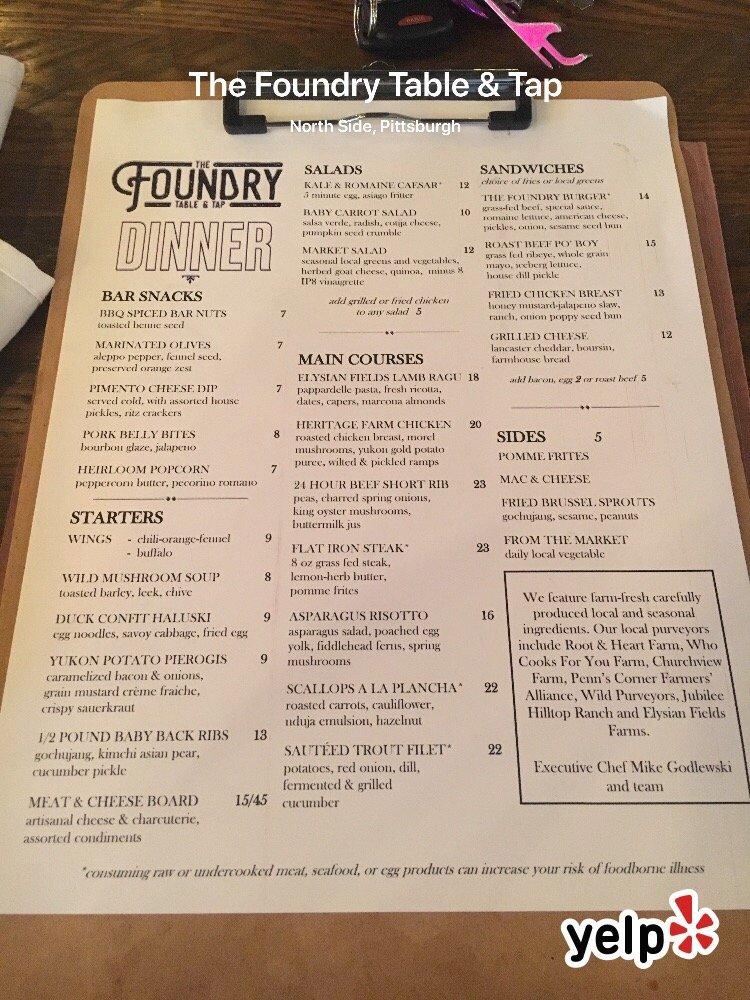 Menu at The Foundry Table & Tap pub & bar, Pittsburgh