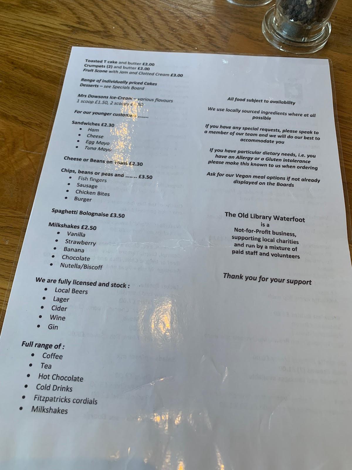 Menu at The Old Library Waterfoot cafe, Waterfoot, Bacup Rd