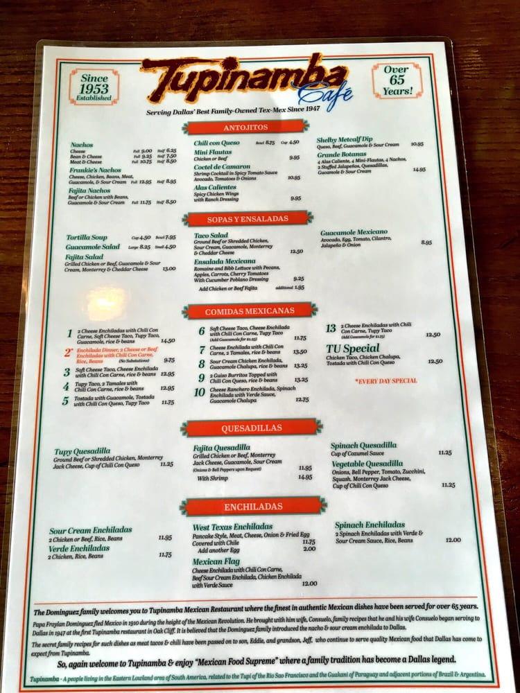 Menu at Tupinamba Cafe, Dallas