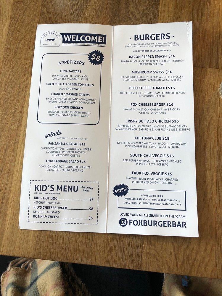 Menu at Fox Burger restaurant, Edmonton