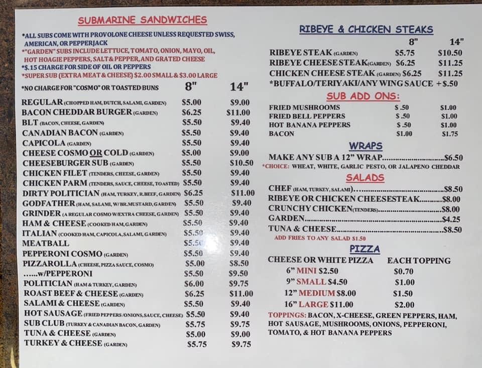 Menu at Humpty Dumpty Creek Side pizzeria, Williamsport