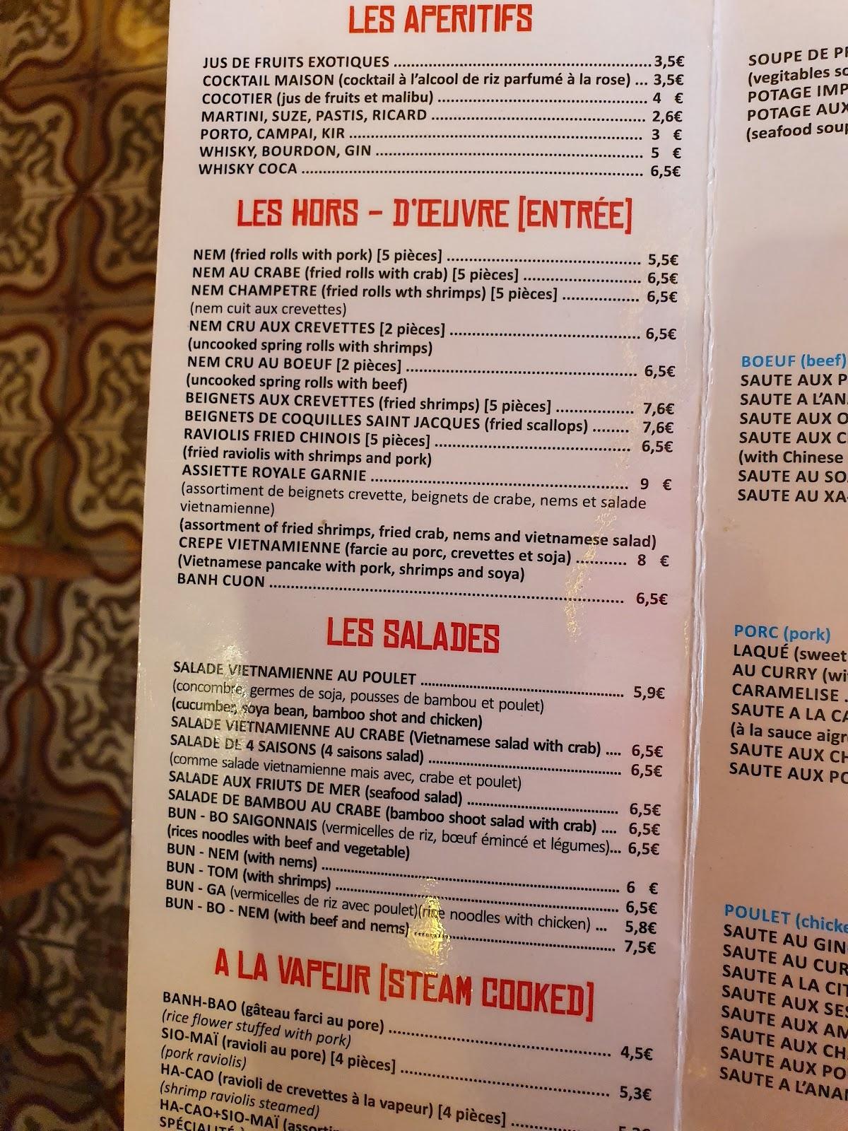 Menu at Le Saigon restaurant, Nyons