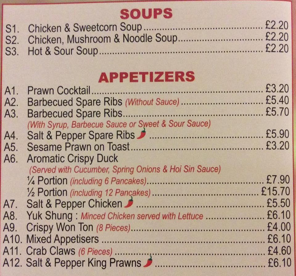 Menu at Mayfair Chinese fast food, Coventry