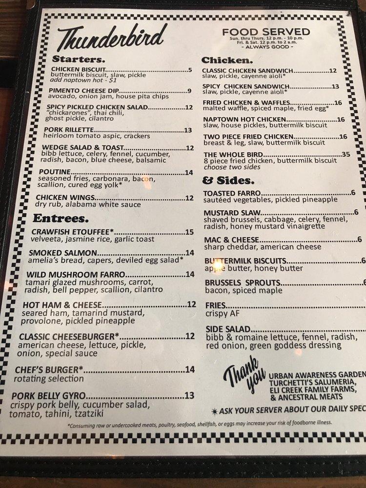 Menu at Thunderbird pub & bar, Indianapolis
