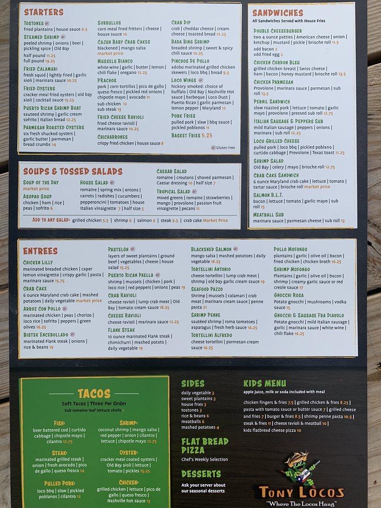 Carta de Tony Locos Bar & Restaurant, Woodbine