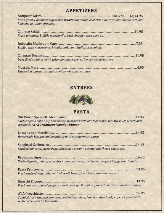 Menu at Ava Cucina restaurant, Cohasset