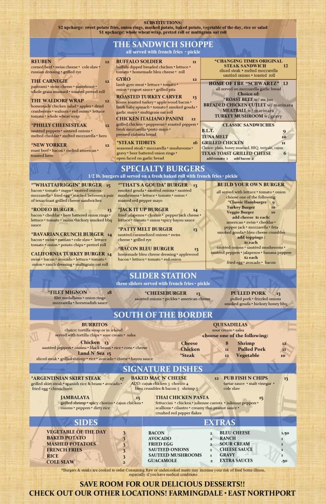 Carta de Changing Times American Sports Bar & Grille, Bay Shore