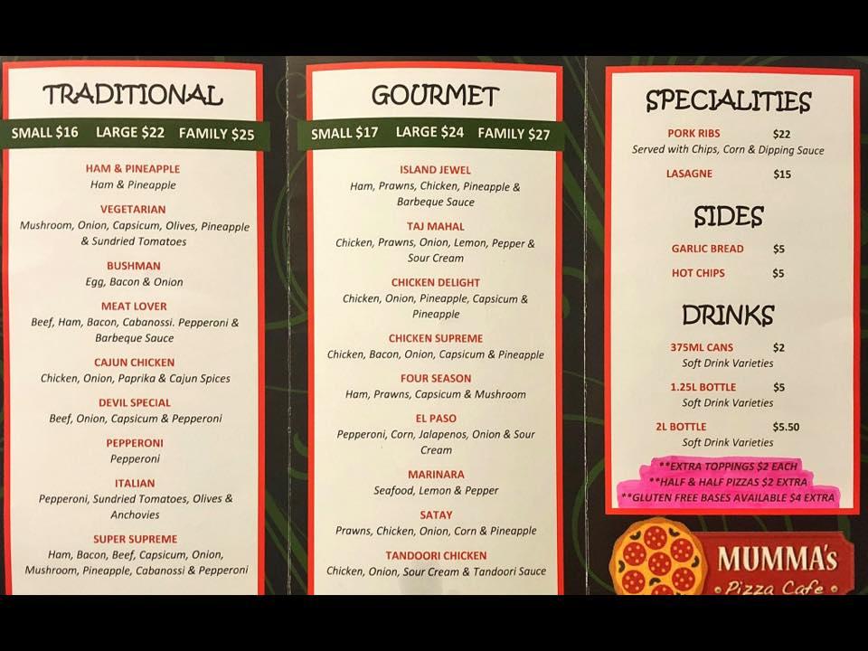 Menu at Mumma's Pizza Cafe, Macleay Island