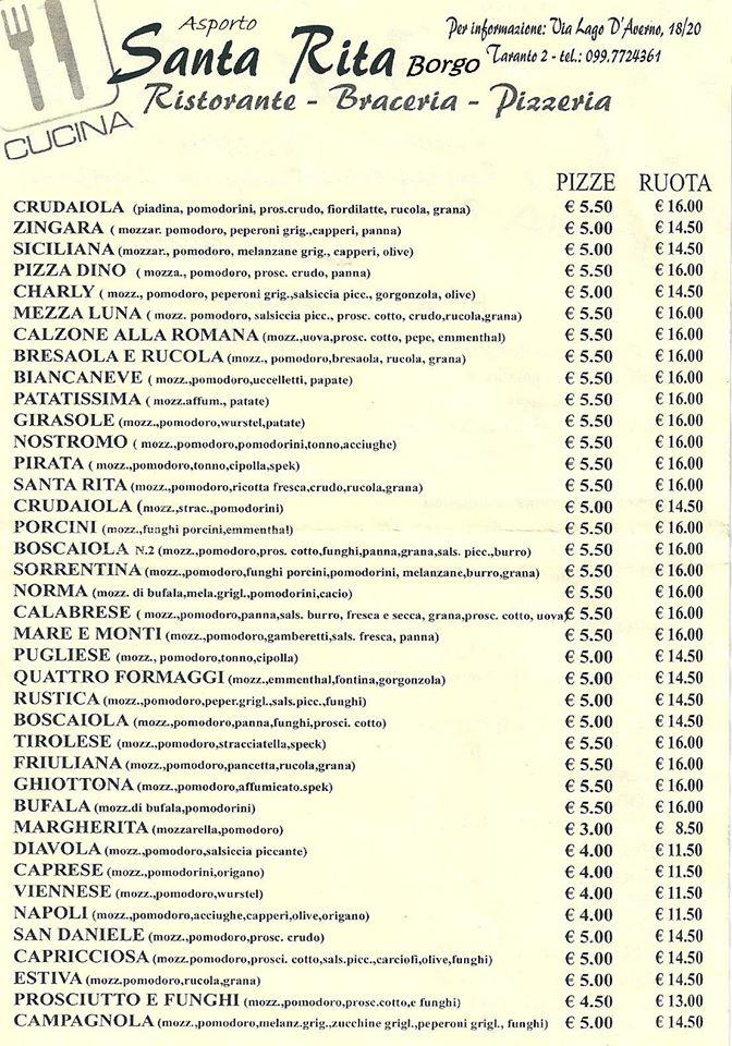 Speisekarte von Santarita Borgo/ TA2 restaurant, Tarent