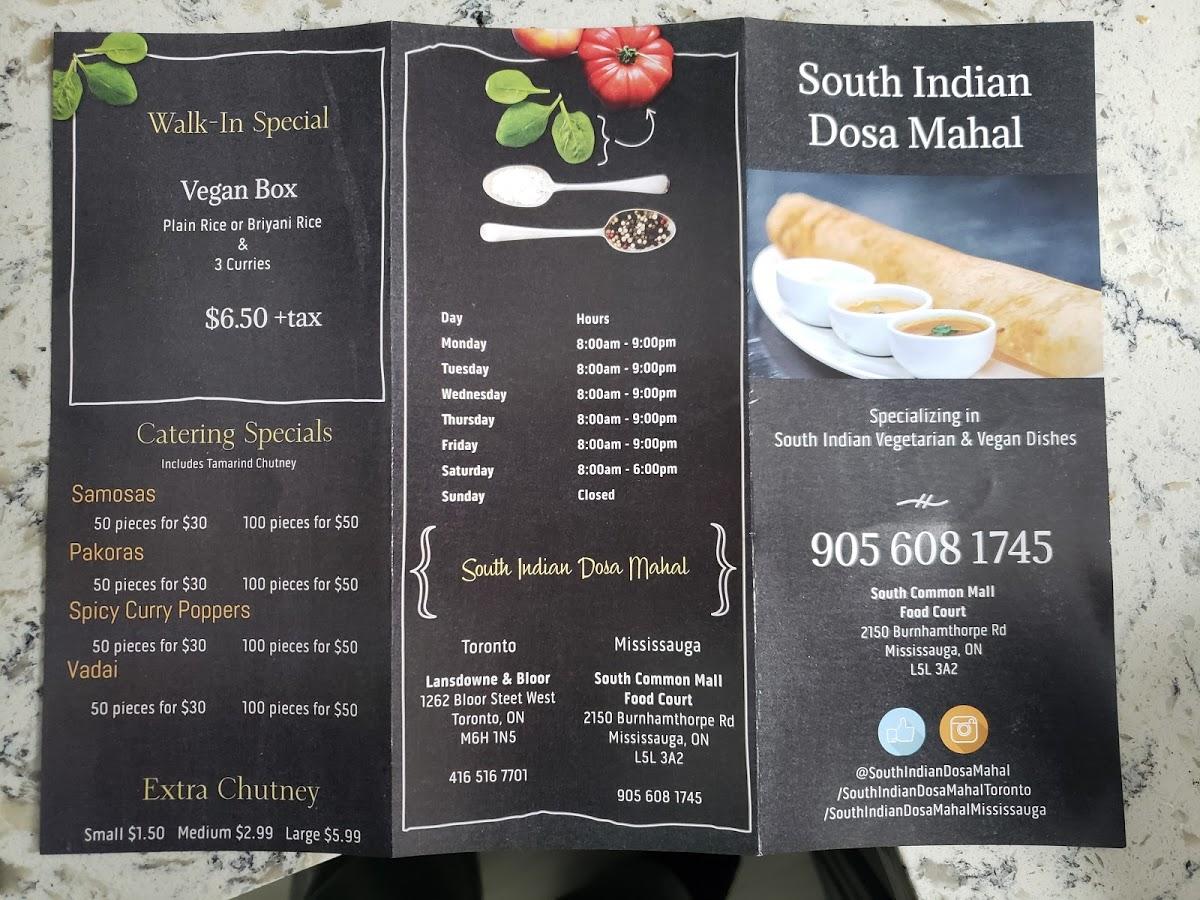 Menu au South Indian Dosa Mahal restaurant, Mississauga, Burnhamthorpe ...