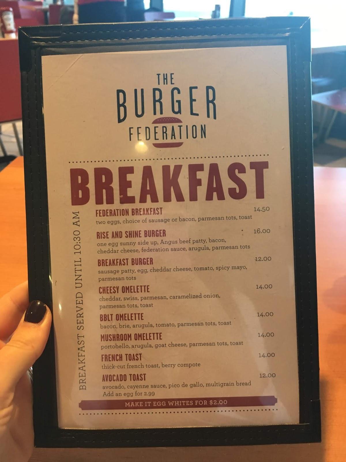Menu at The Burger Federation restaurant, Calgary