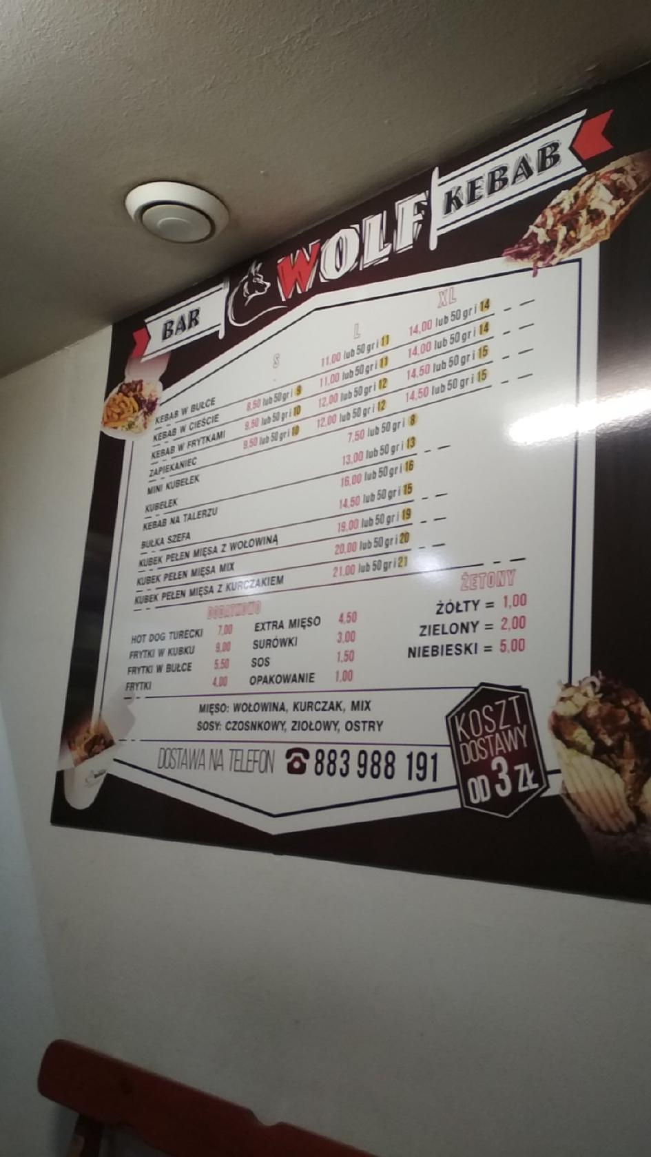 Menu at Wolf Kebab restaurant, Siemianowice Slaskie, Przyjaźni 49a
