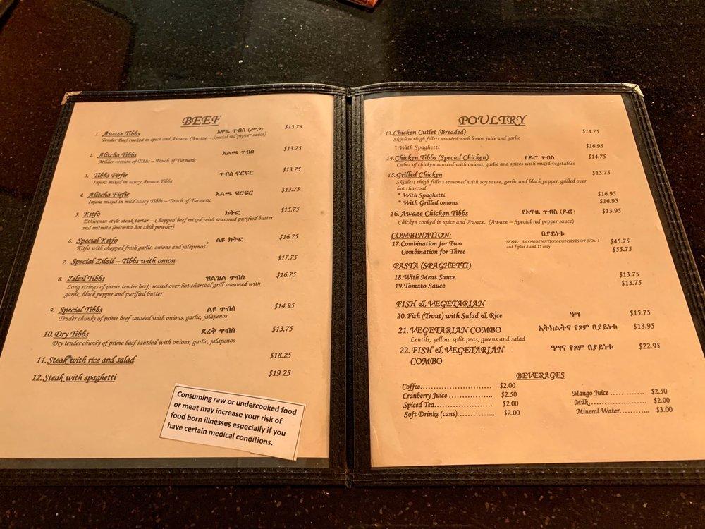 Menu at Awash restaurant, Los Angeles