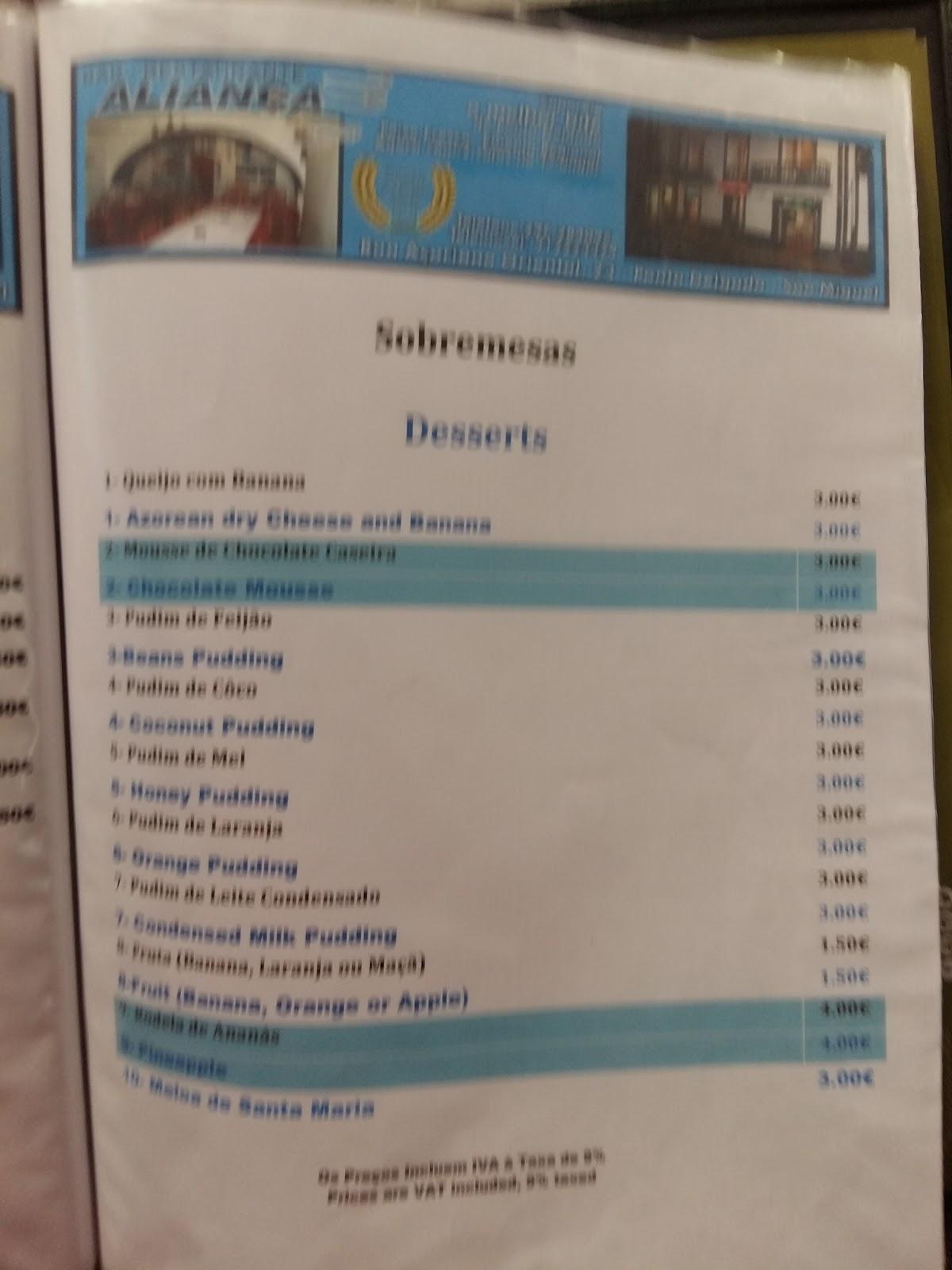 Menu em Bar-Restaurante Aliança, Ponta Delgada