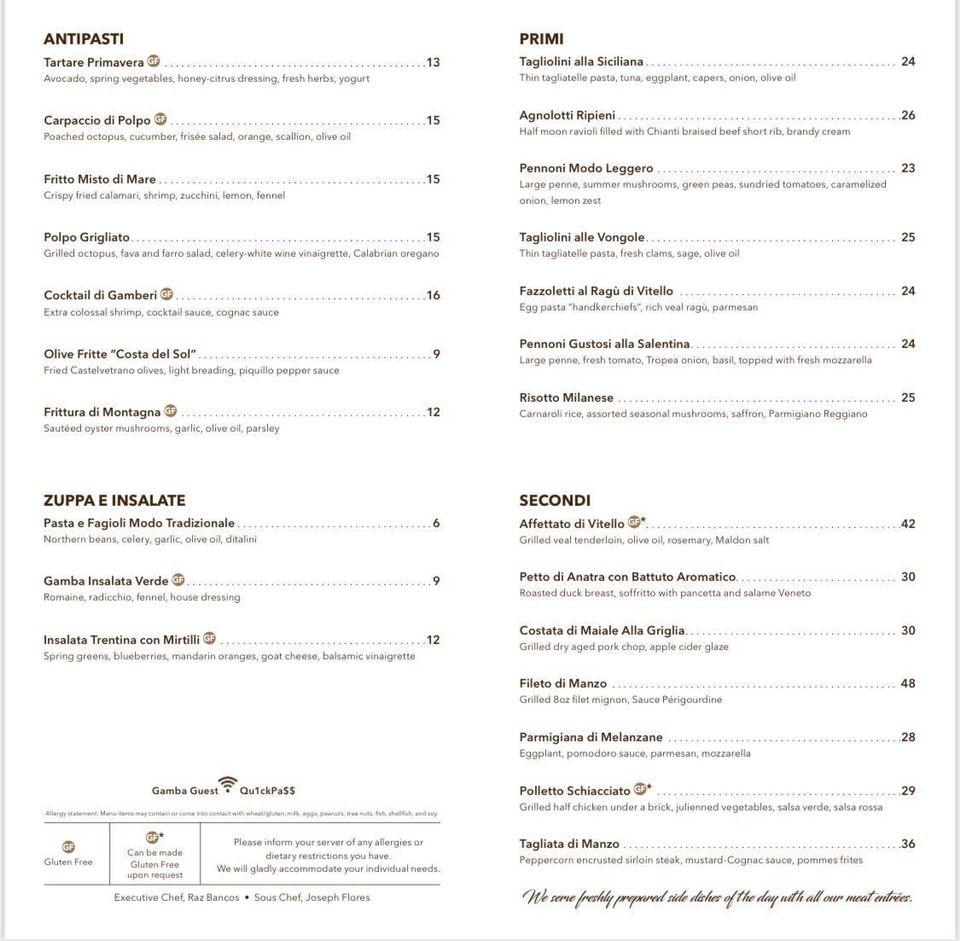 Menu at Gamba Ristorante steakhouse, Merrillville