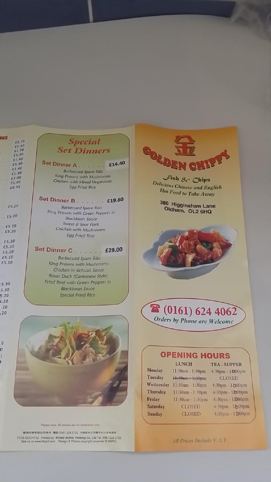 Menu at Golden Chippy restaurant, Oldham, 380 Higginshaw Ln