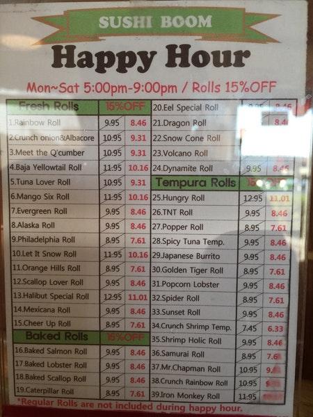 Menu at Sushi Boom restaurant, Orange
