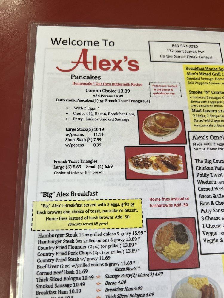 Menu at Alex's Restaurant, Goose Creek, 132 St James Ave