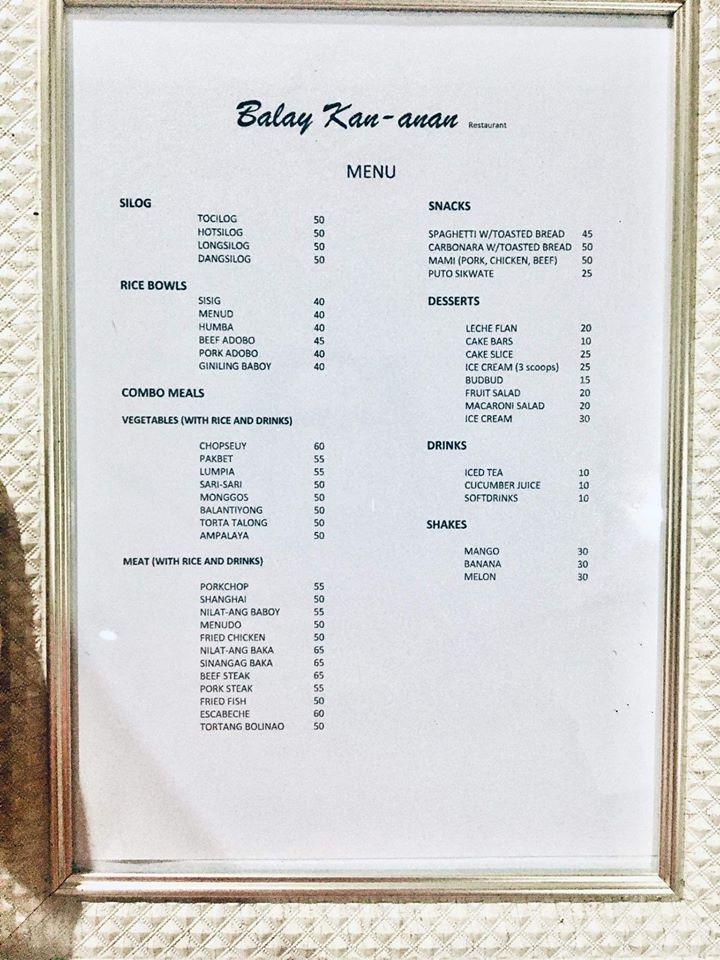Menu at Balay Kan-anan restaurant, Maasin City