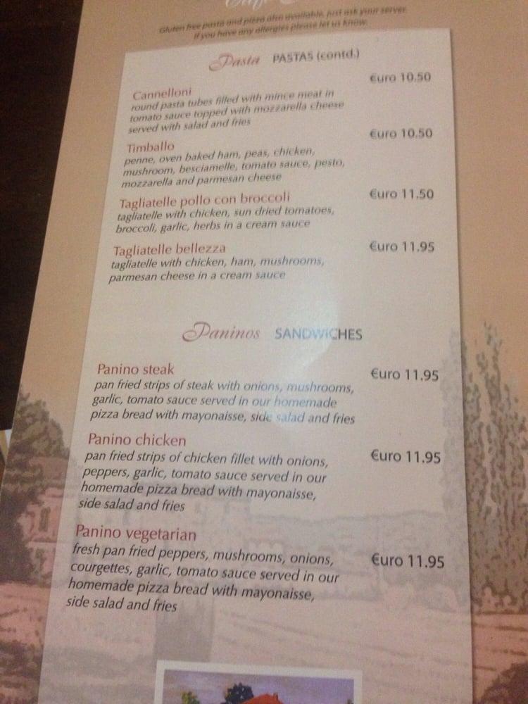 Menu at Bella Cafe, Ireland, 111 Main Street