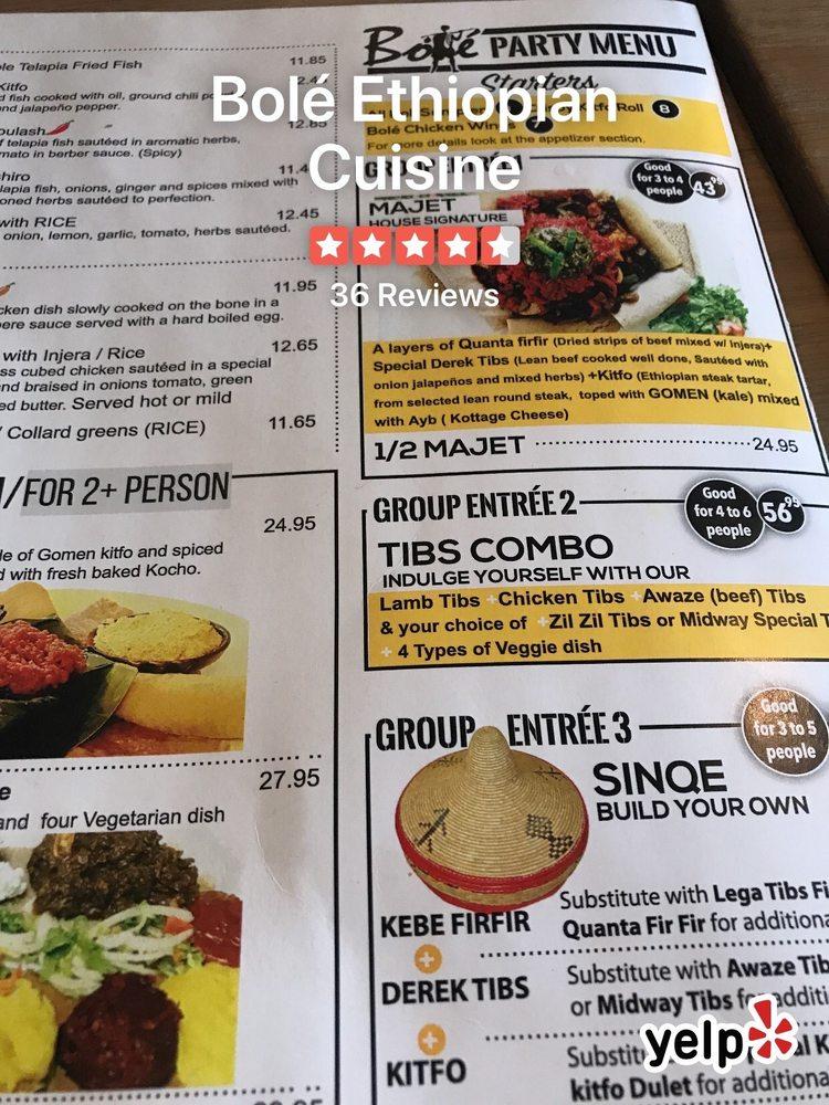 Menu at Bole Ethiopian Cuisine restaurant, Falcon Heights, Pascal St