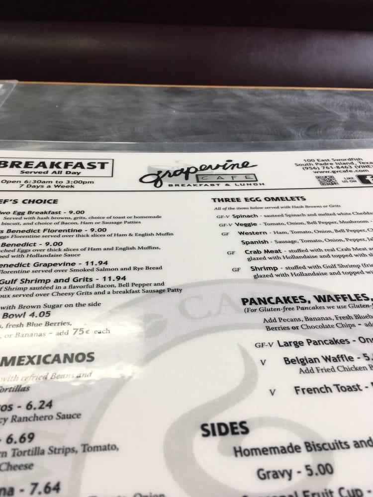 Menu at Grapevine Cafe, South Padre Island