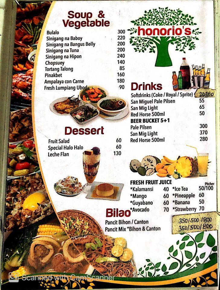 Menu at Honorio's Restaurant, Maragondon