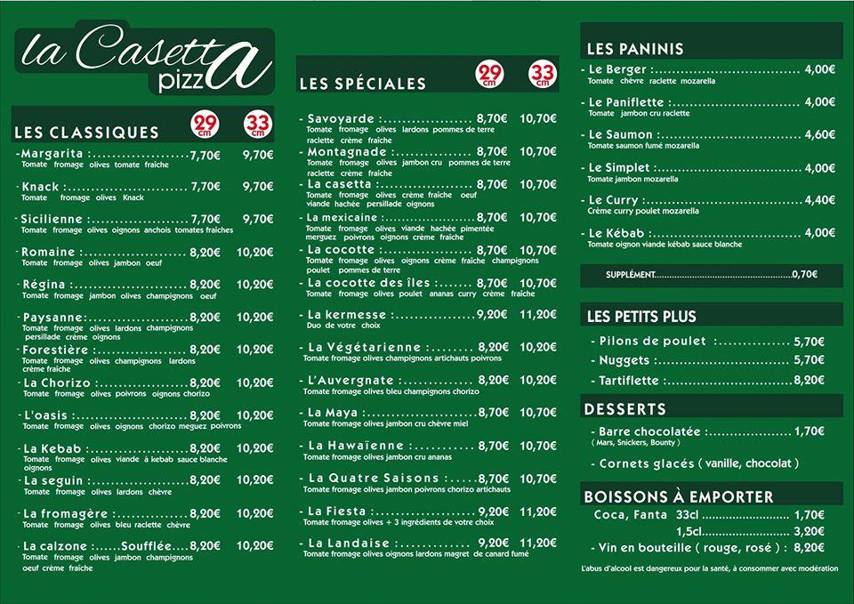 Carta de pizzería La Casetta, Sulniac