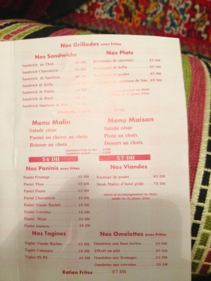 Menu at La Flambée restaurant, Rabat, Mabella