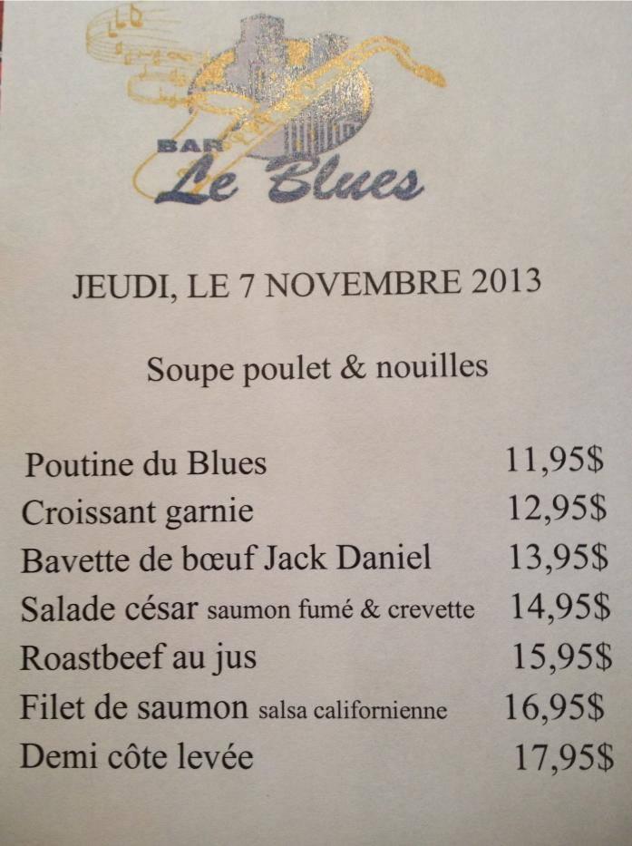 Menu at Le Blues restaurant, Baie-Comeau