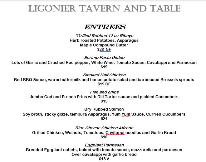 Menu at Ligonier Tavern & Table pub & bar, Ligonier, 139 W Main St