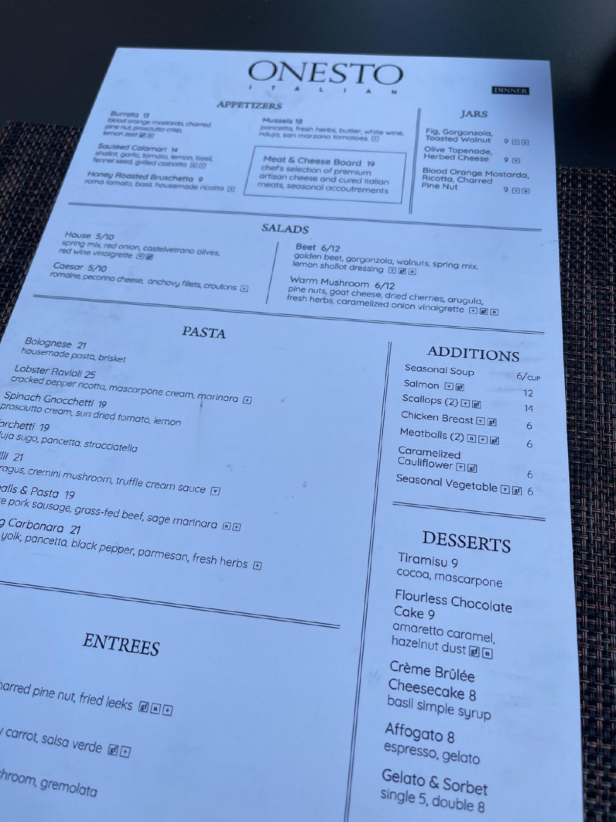 Carta del pub y bar Onesto, Milwaukee