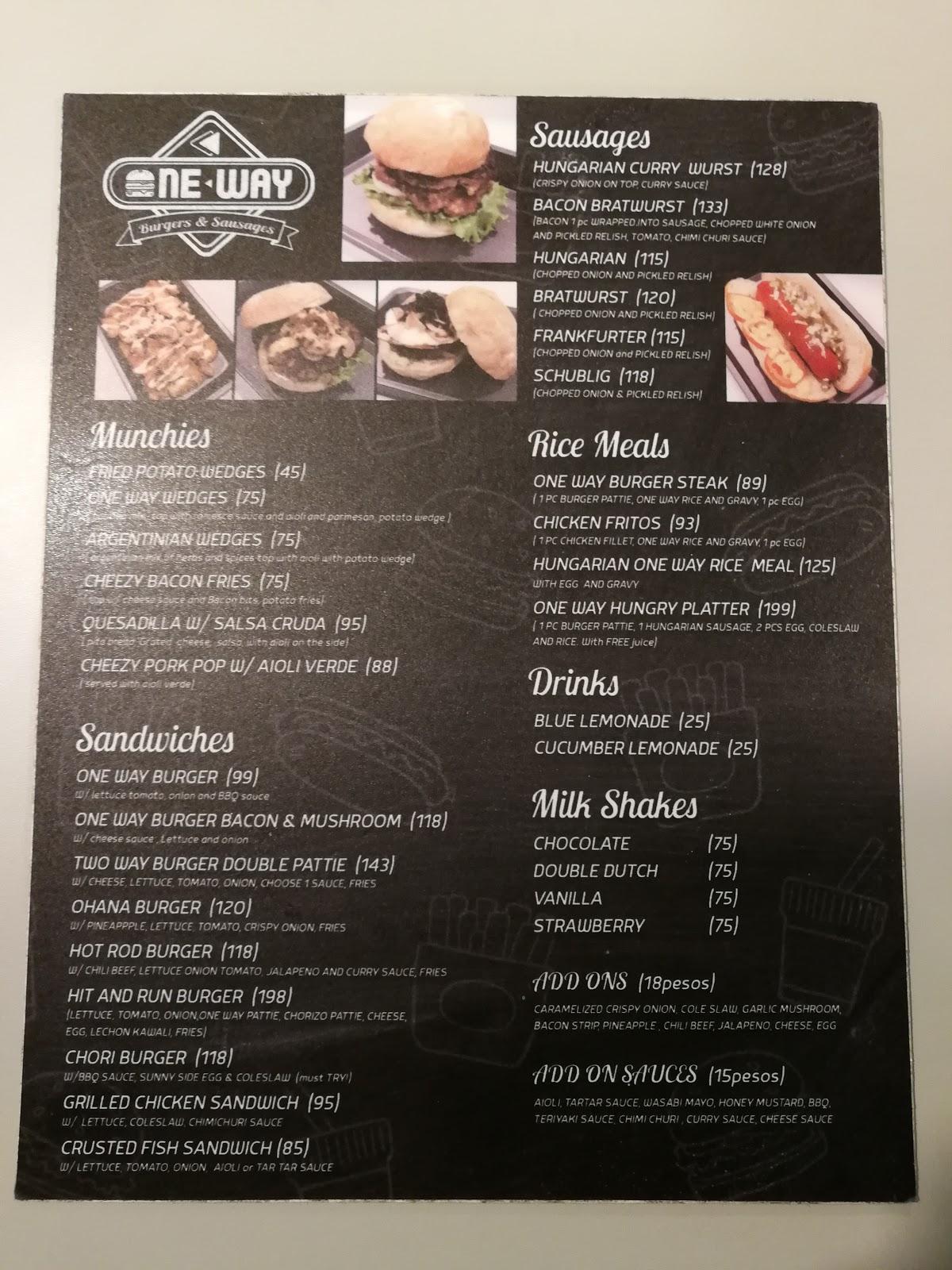 Menu at Oneway Burger's & Sausages restaurant, Makati