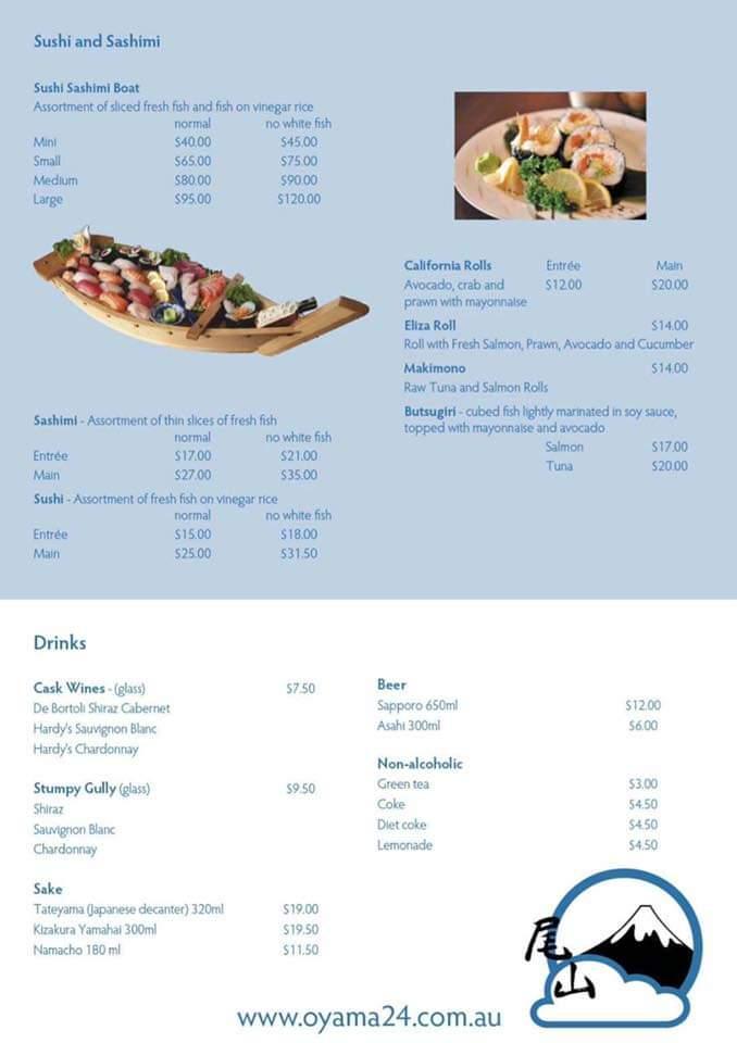 Menu at Oyama 24 restaurant, Mount Eliza