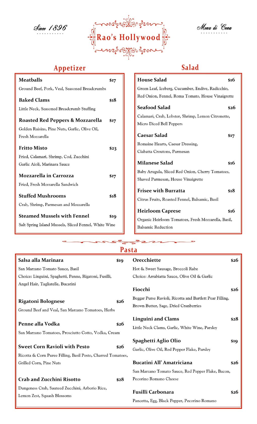 Menu at Rao's restaurant, Los Angeles