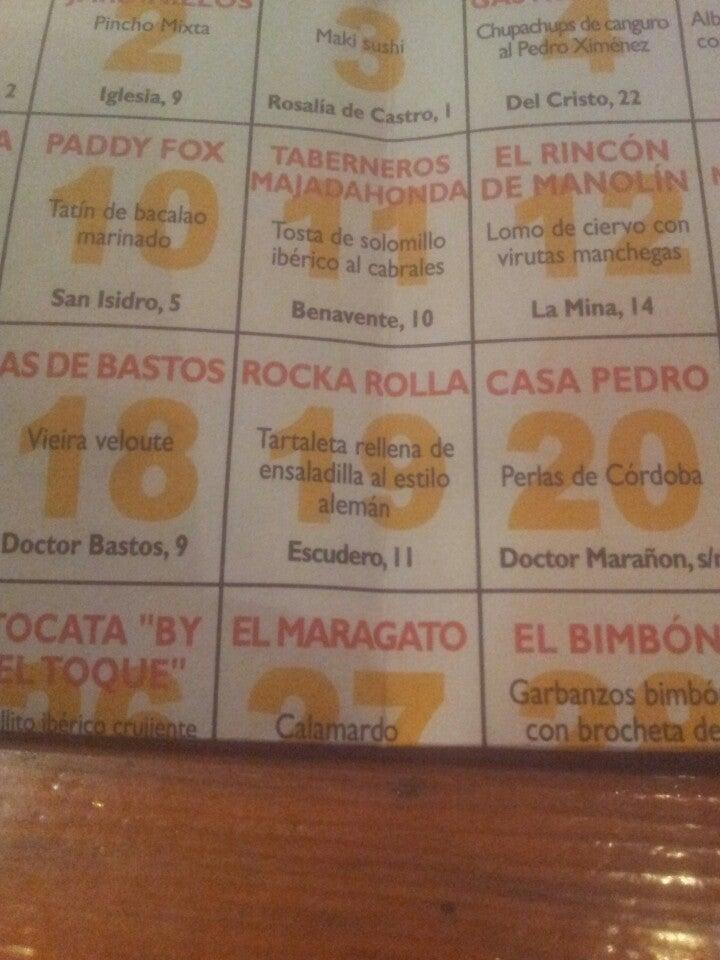 Carta del pub y bar Rocka Rolla, Majadahonda