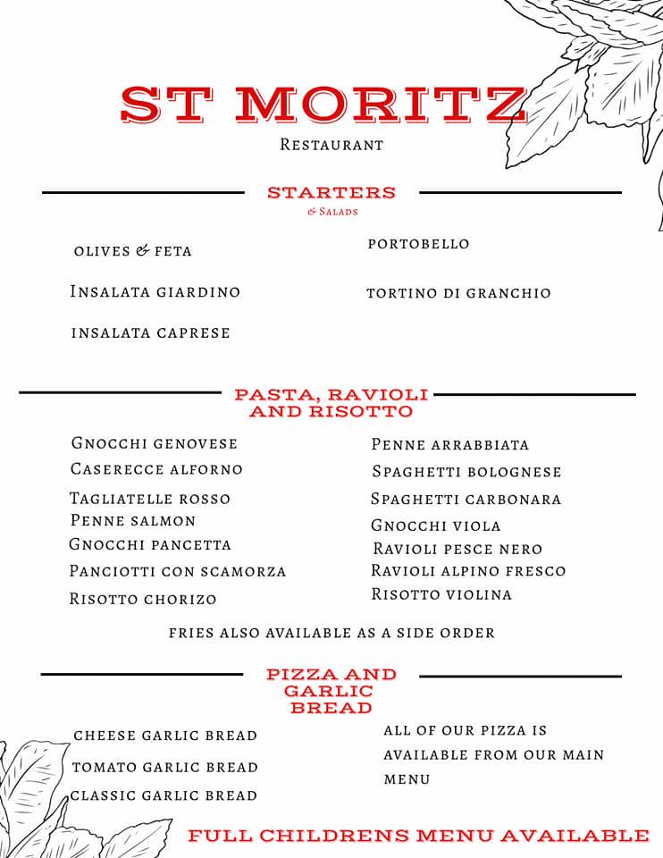 Menu at St Moritz restaurant, Buxton
